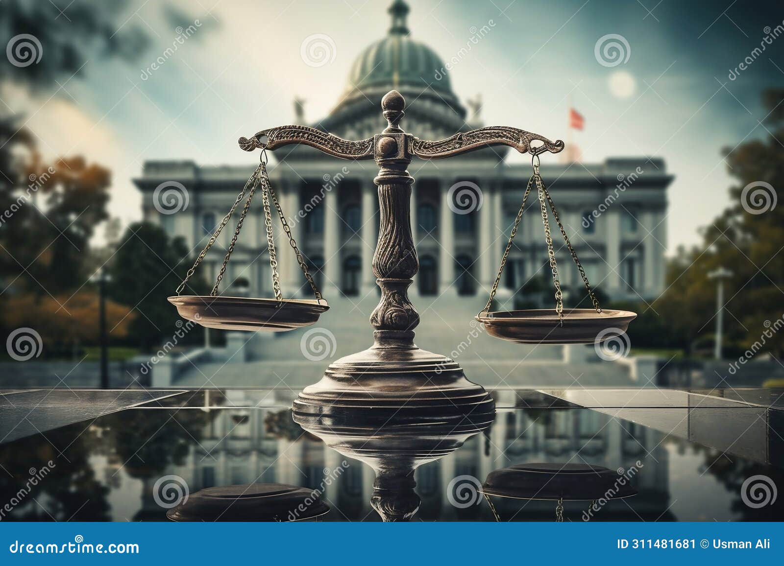Scales of Justice Balanced in Front of Courthouse Backdrop. AI Stock ...