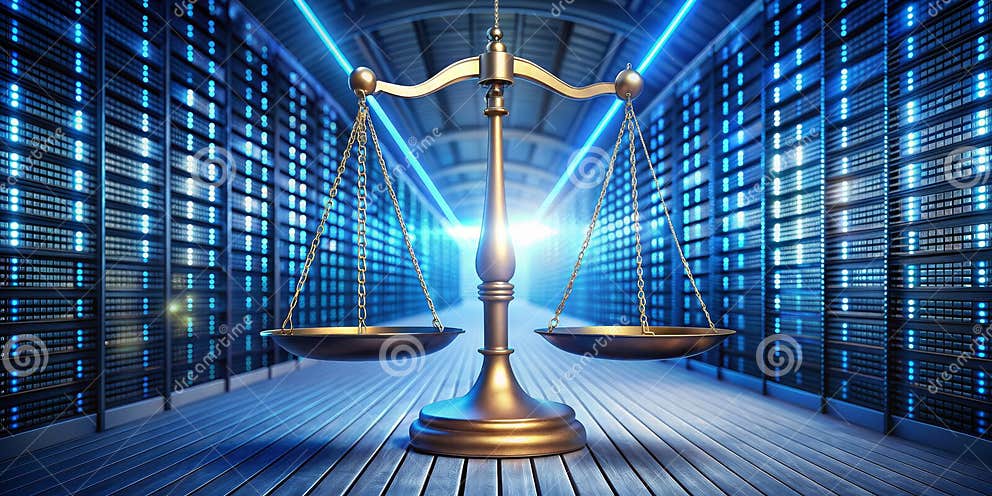 Scales of Justice in a Server Room, 3D Render, Data Security, Law ...