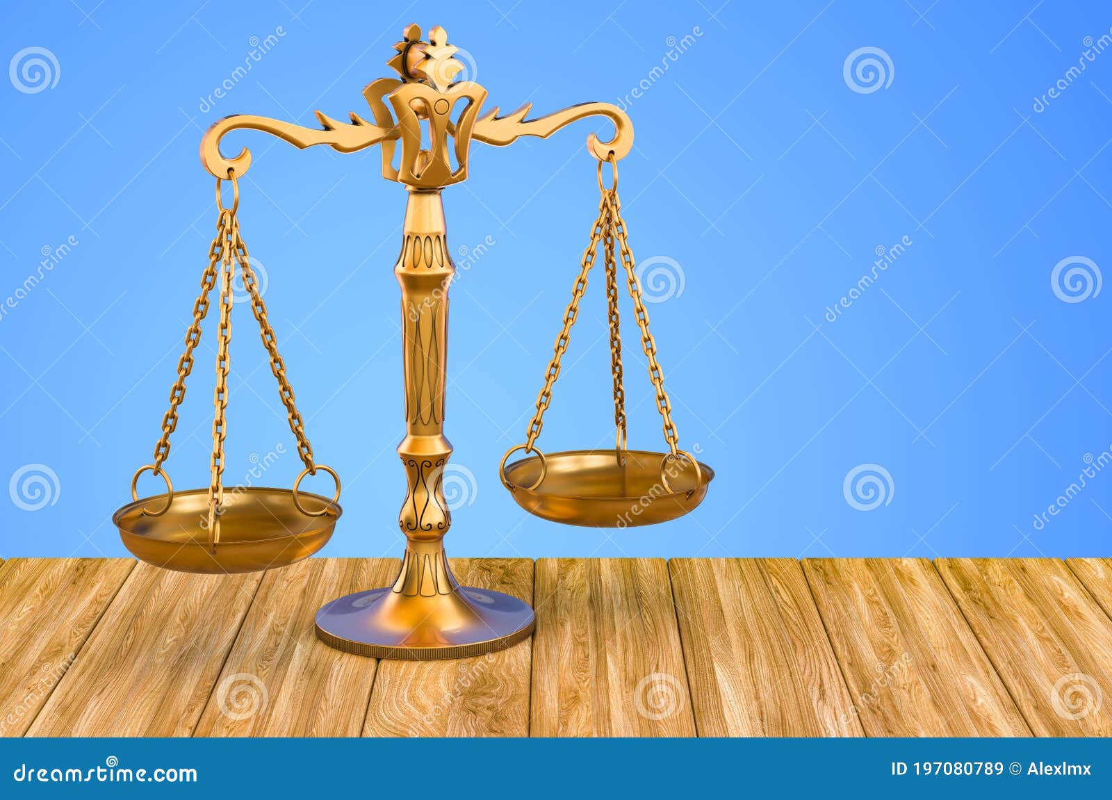 Scales of Justice on the Wooden Table. 3D Rendering Stock Illustration ...