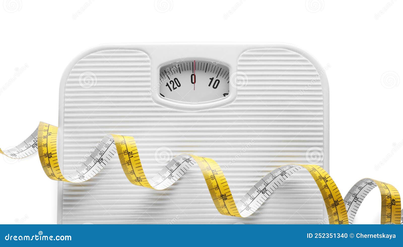 Scales and Measuring Tape Isolated on White, Top View Stock Photo ...