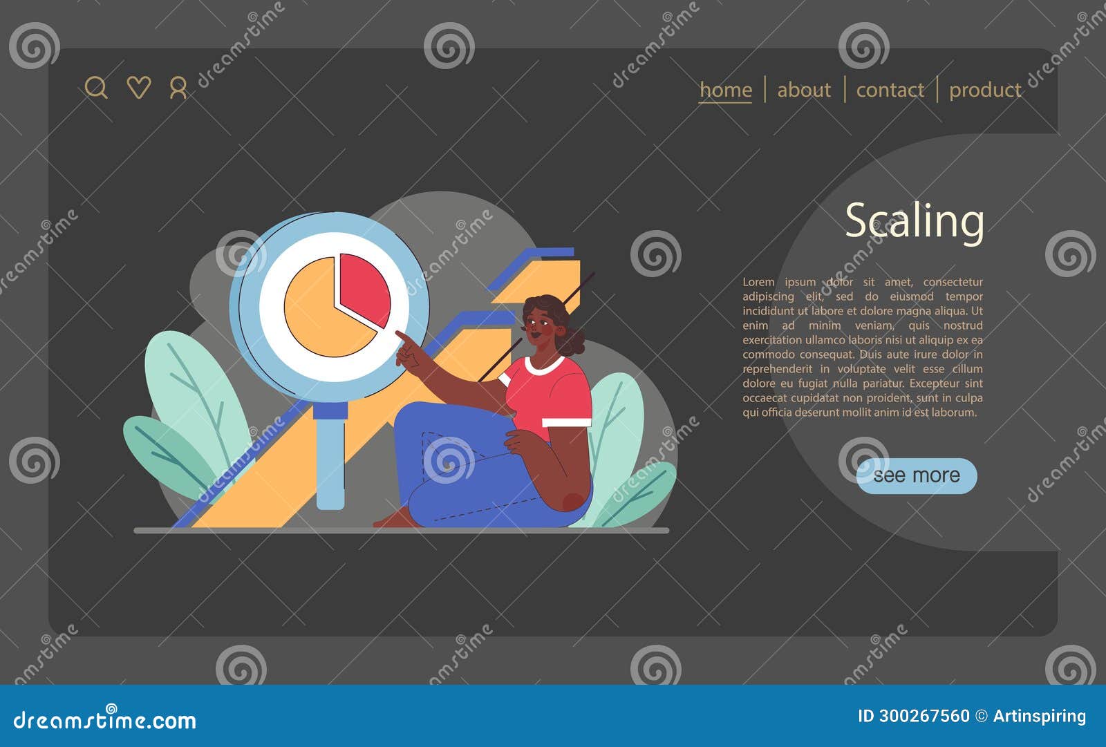 Scaling Concept. Woman Analyzes Pie Chart Growth, Business Performance ...