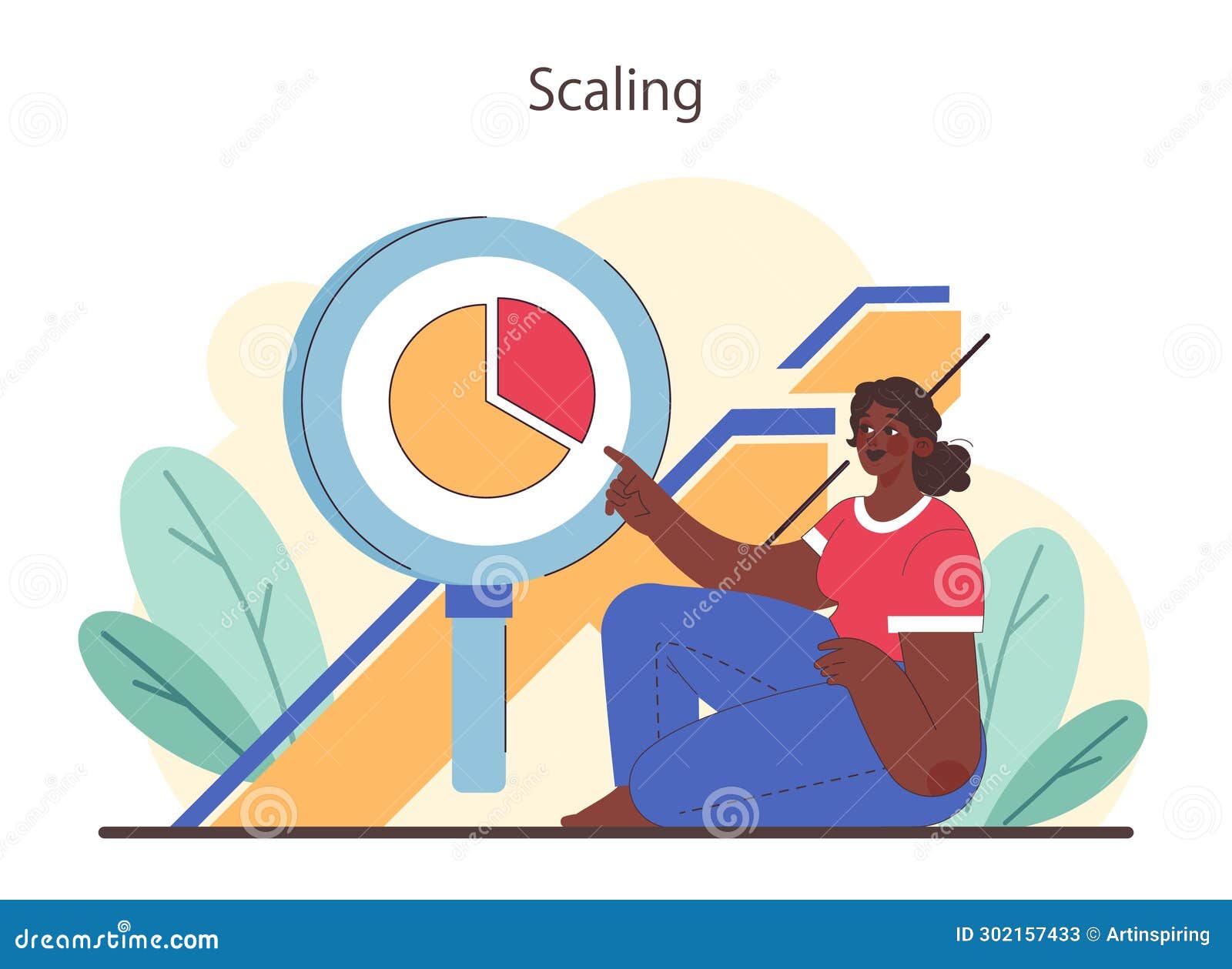 Scaling Concept. Woman Analyzes Pie Chart Growth, Business Performance ...