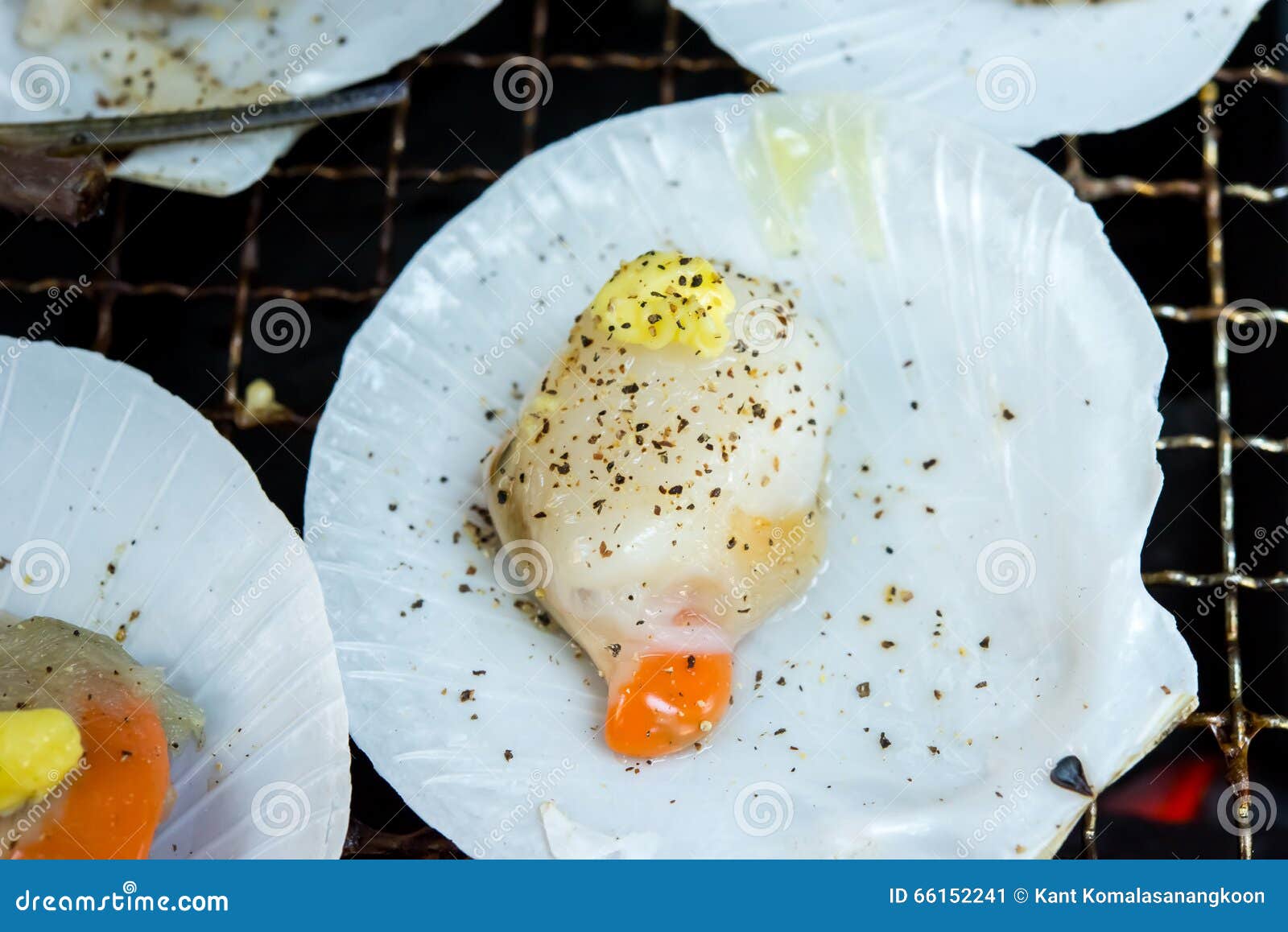 Scallop Seashell on the Grill with Flames Closeup Stock Image - Image ...