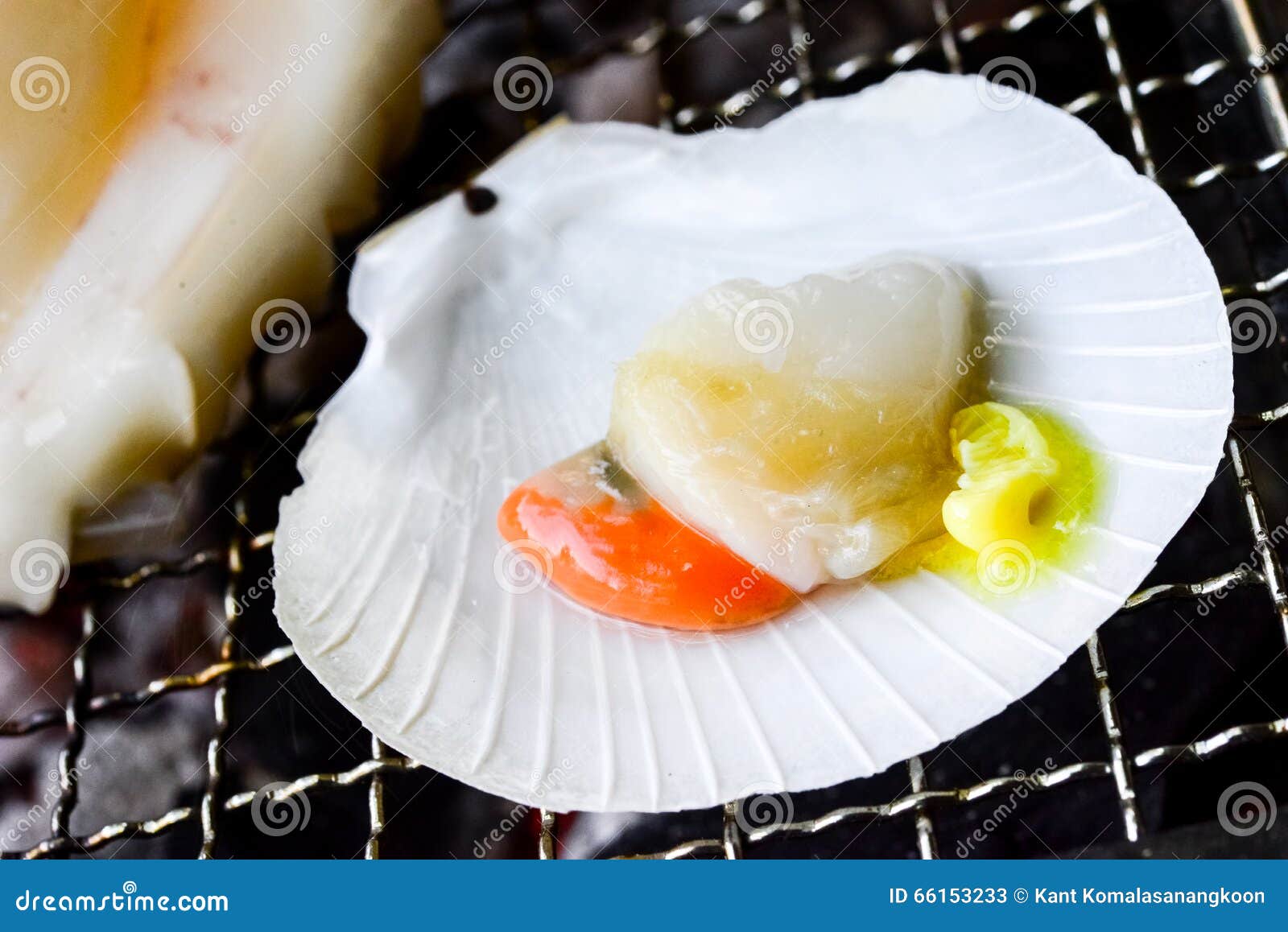 Scallop Seashell on the Grill with Flames Closeup Stock Image - Image ...