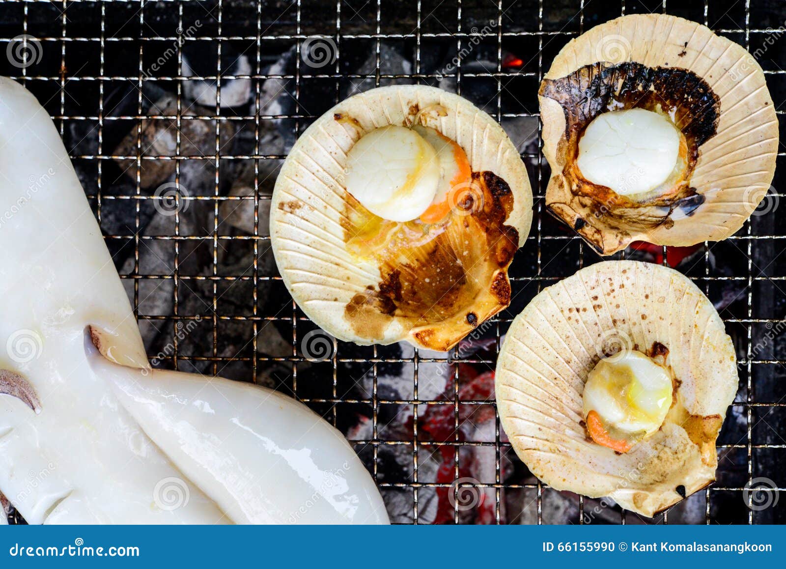 Scallop Seashell on the Grill with Flames Closeup Stock Photo - Image ...