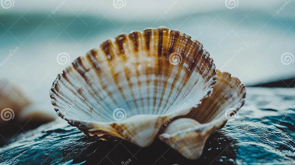 Beautiful Scallop Shell Resting on a Rock Near the Ocean during Sunset ...