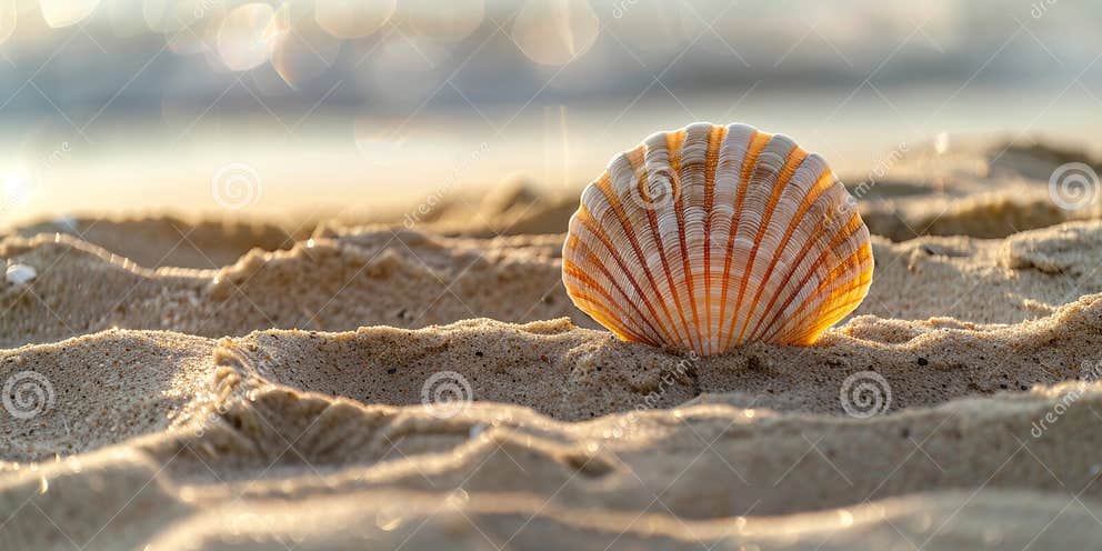 Scallop Shell on the Sand Beach, Bokeh Background. Stock Illustration ...