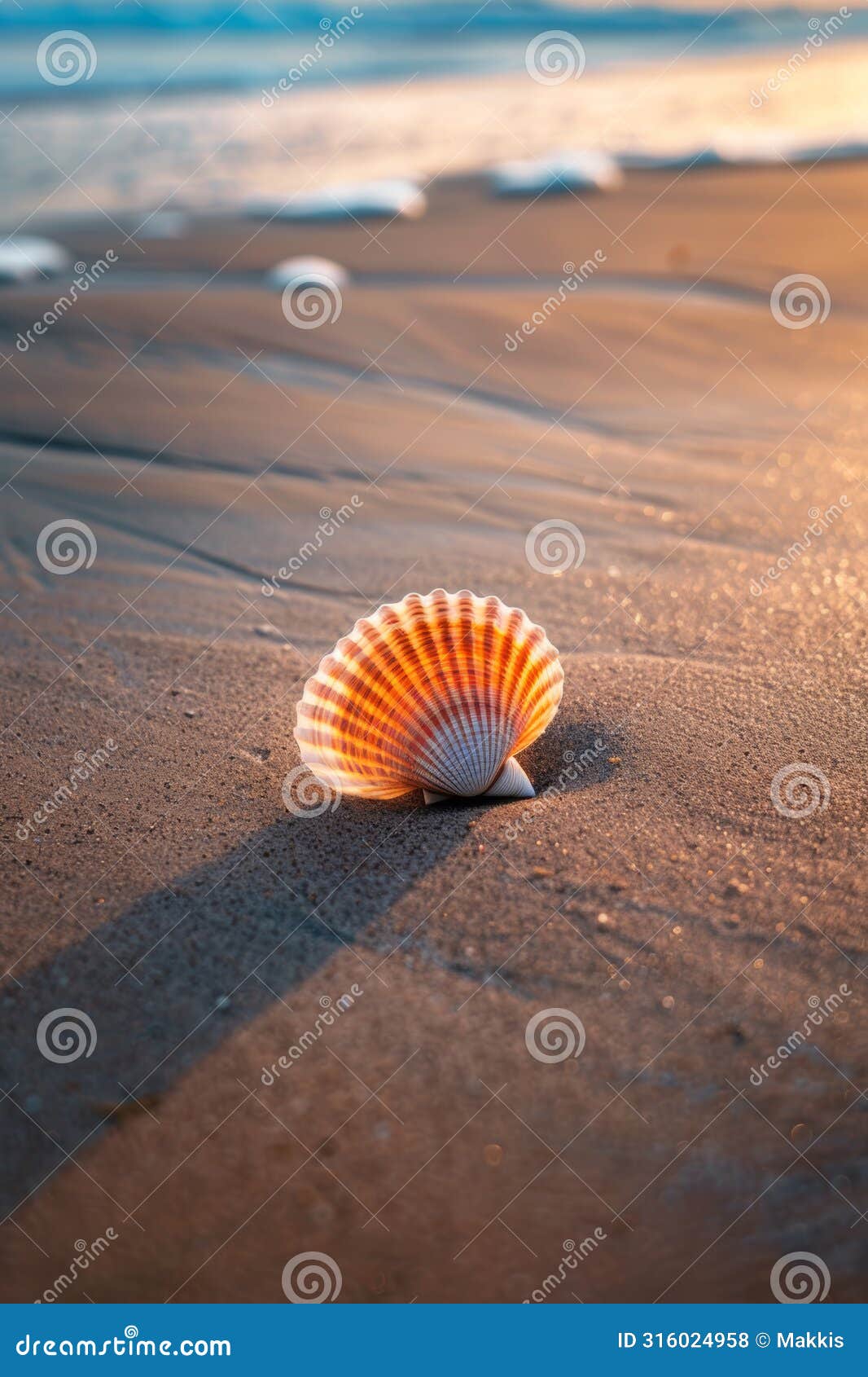 Scallop Shell on the Sand Beach at Sunset Stock Illustration ...