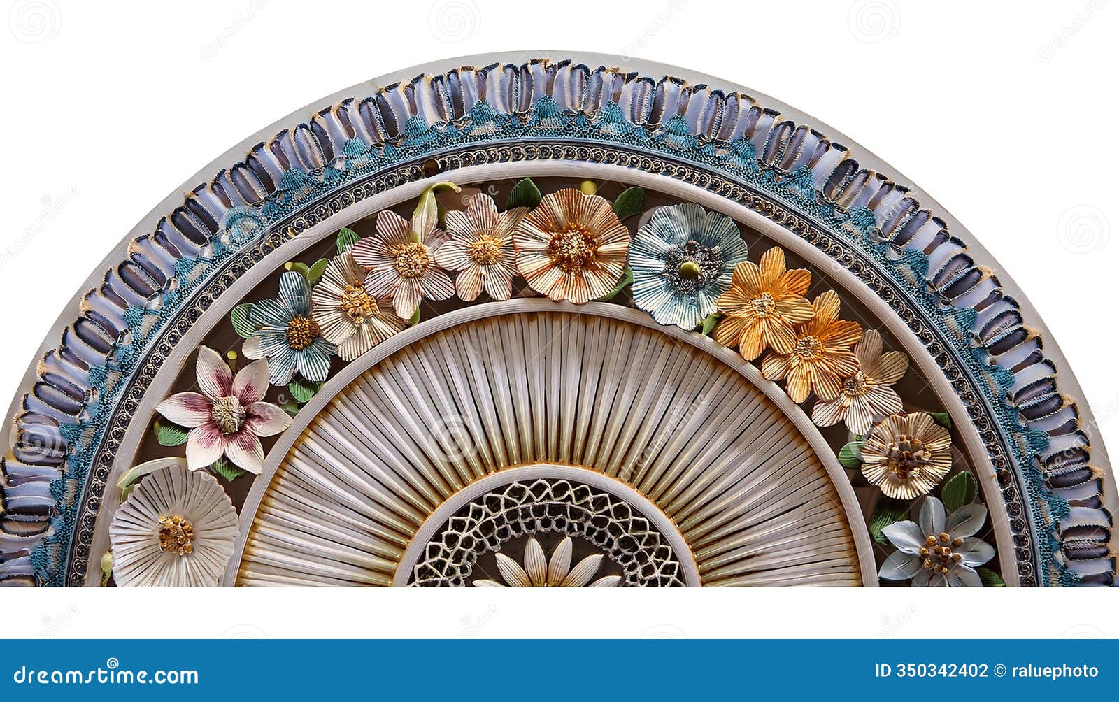 Scalloped Circular Design with Geometric Patterns and Flowers on ...