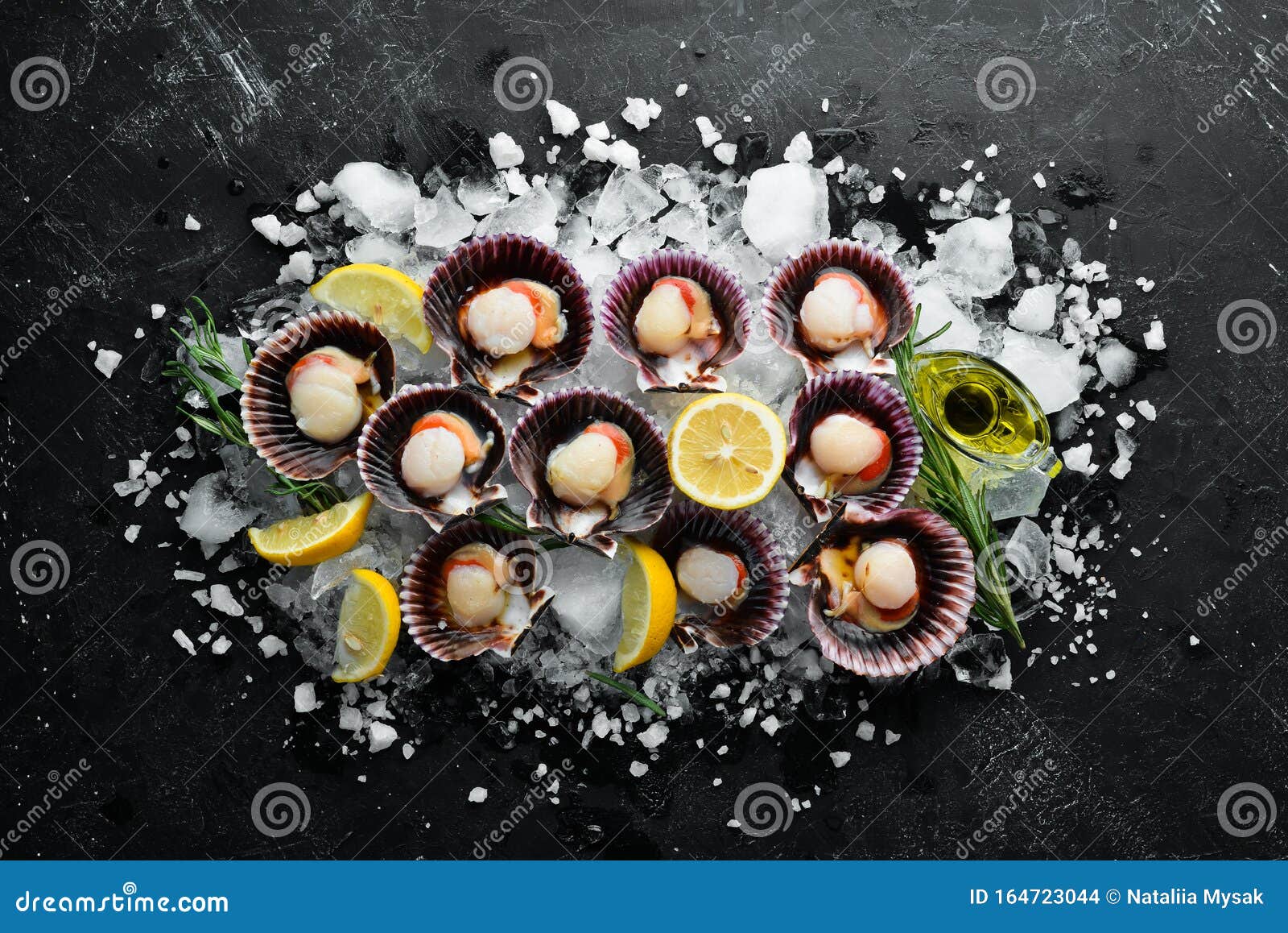 Scallops on Ice. Seafood. Top View Stock Photo - Image of mussels ...