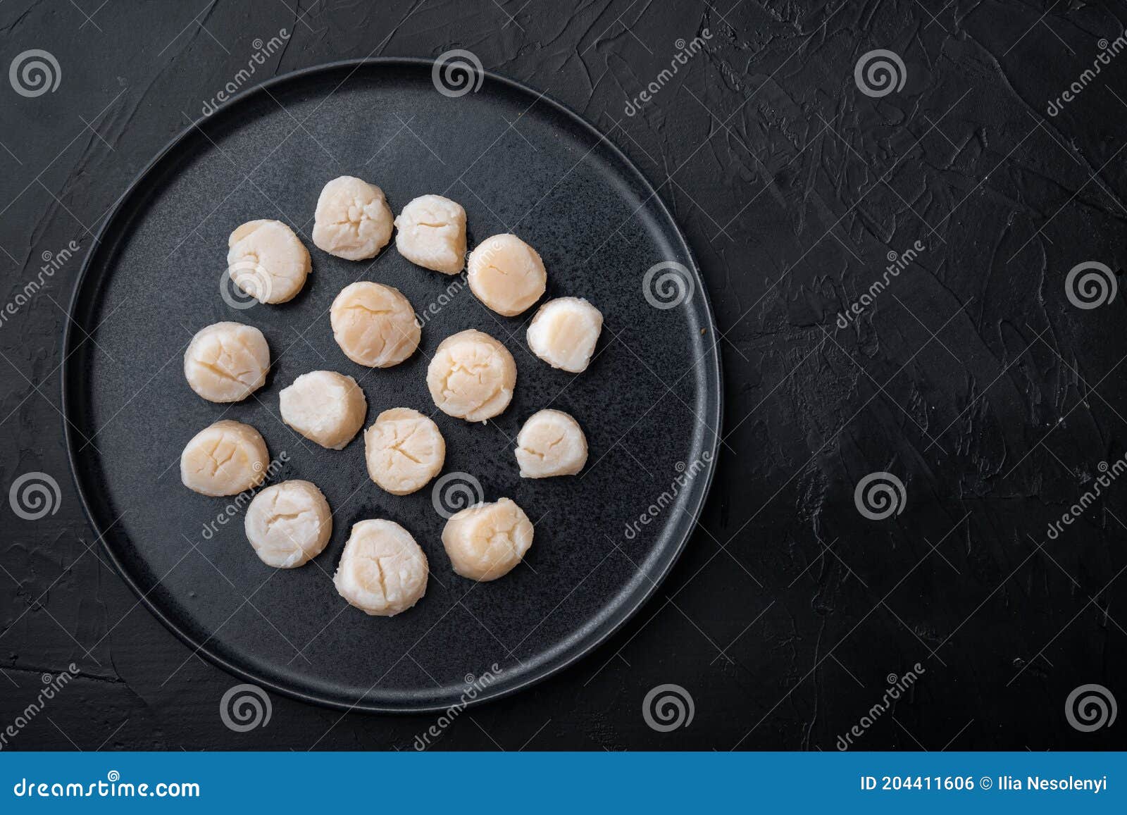 Scallops Meat, Top View, on Black Textured Background with Copy Space ...
