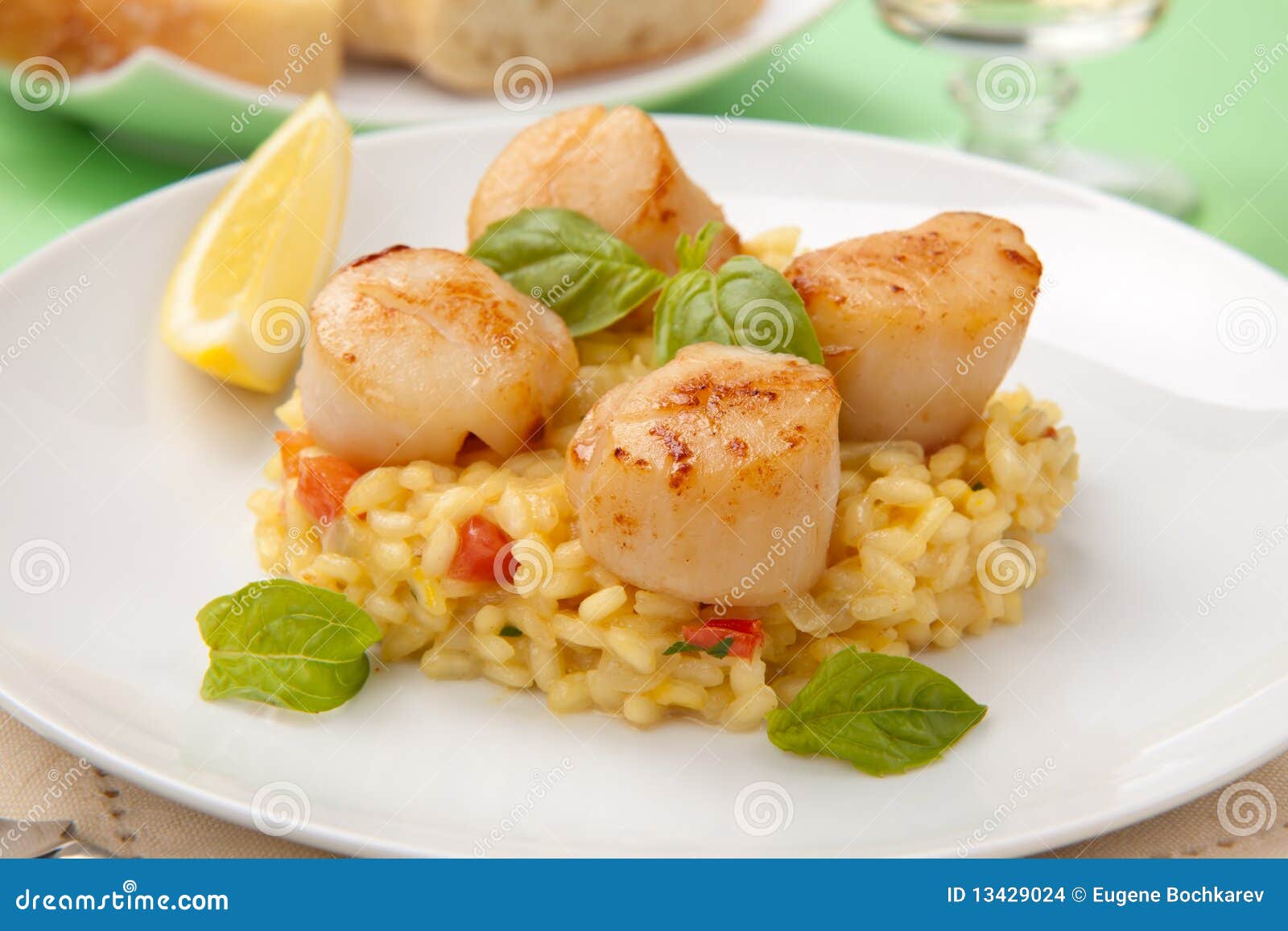 Scallops Risotto stock photo. Image of lemon, wine, drink - 13429024