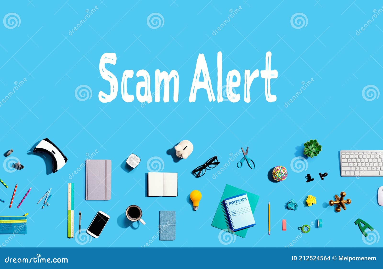 Scam Alert with Electronic Gadgets and Office Supplies Stock Photo ...