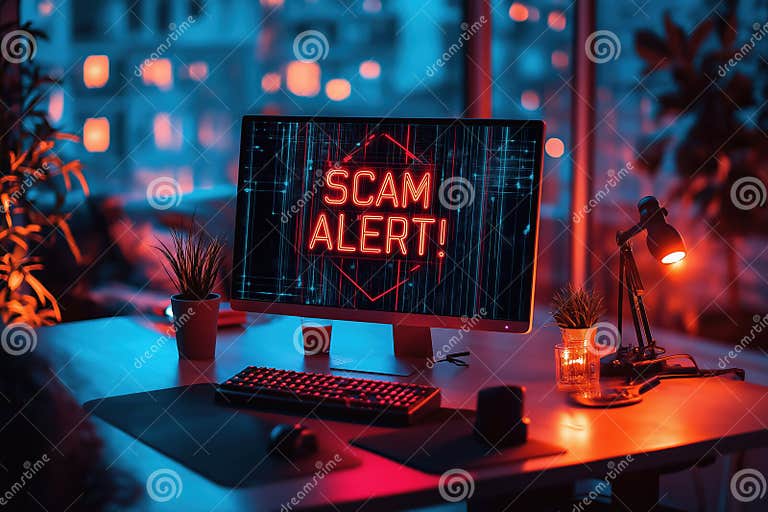 Scam Alert Notification Displayed on a Computer in a Dimly Lit Modern ...