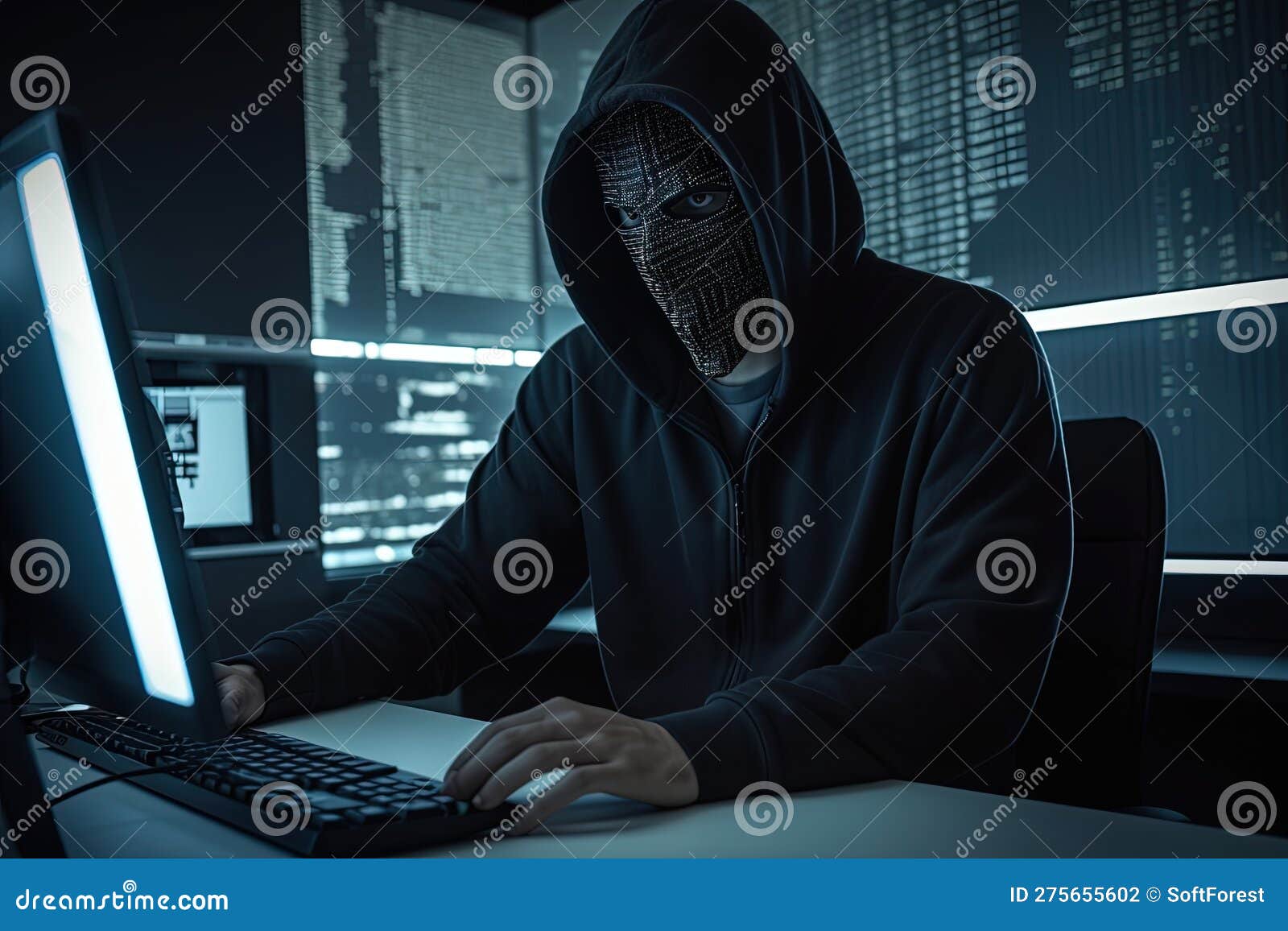 Scammer in Front of a Computer in Anonymous Mask, Hacker. Generative AI ...