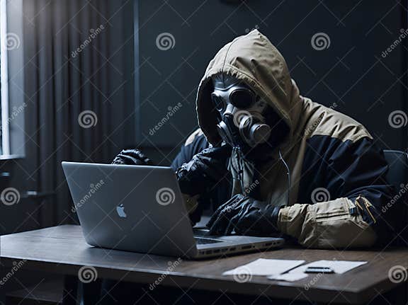 A Scammer in a Mask Sits in Front of a Laptop. Stock Illustration ...