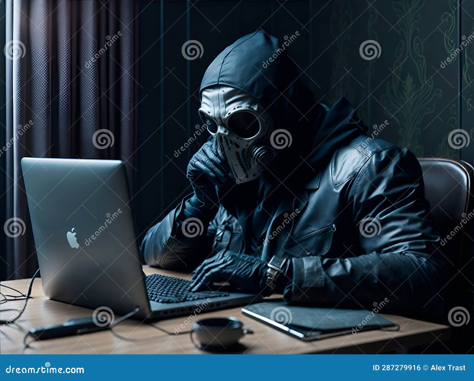 A Scammer in a Mask Sits in Front of a Laptop. Stock Illustration ...