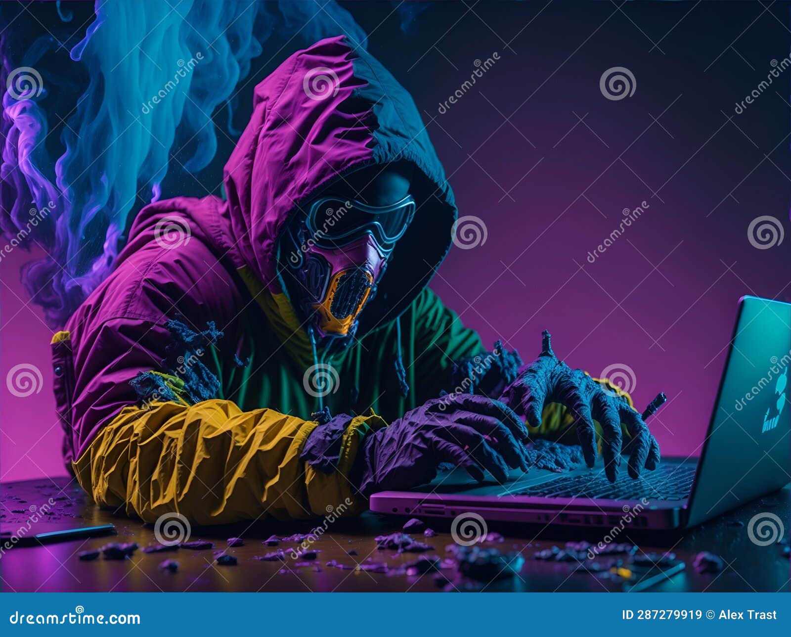 A Scammer in a Mask Sits in Front of a Laptop. Stock Illustration ...