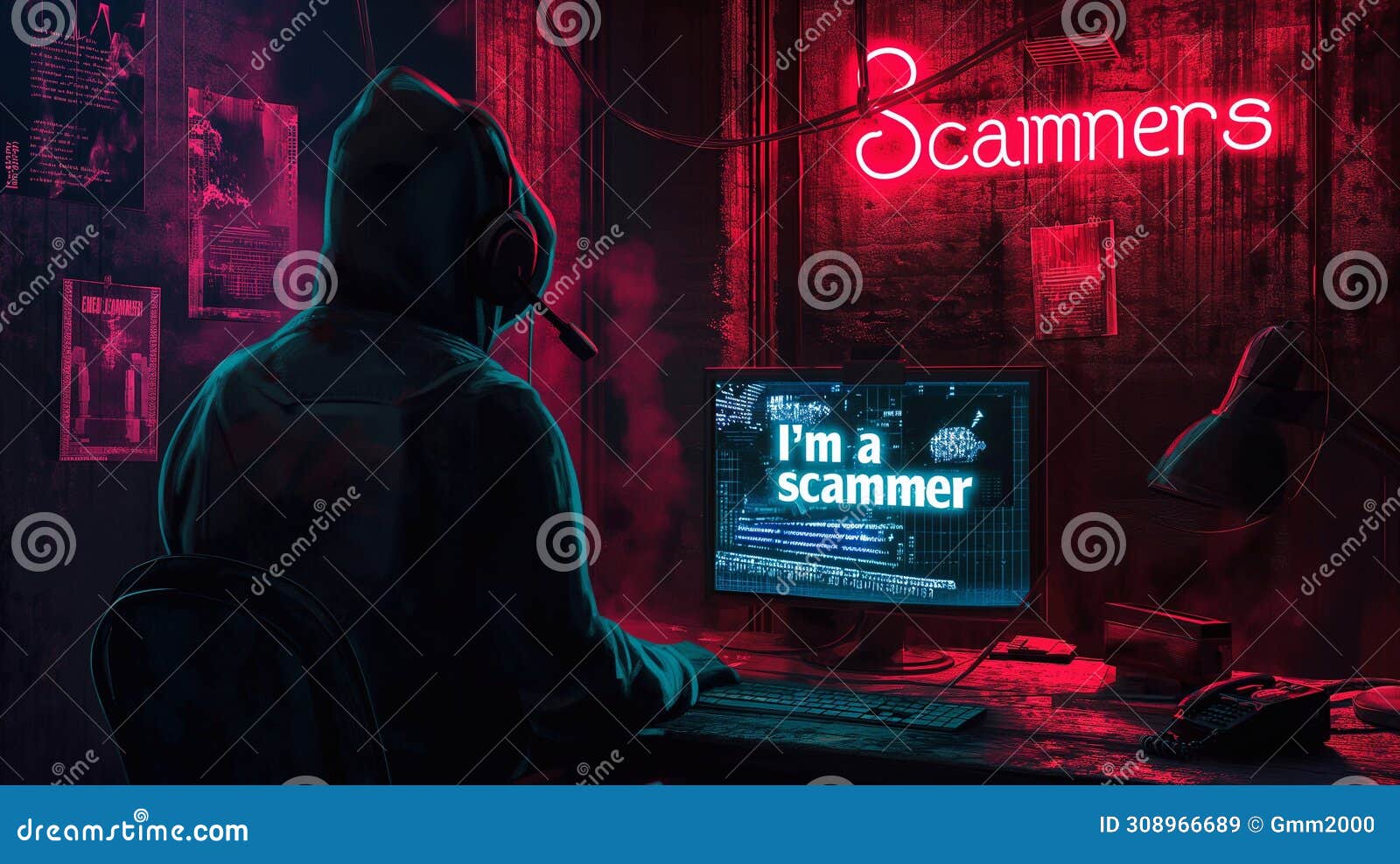 The Scammer Wears a Hoodie in Front of a Computer Generative Ai Art ...