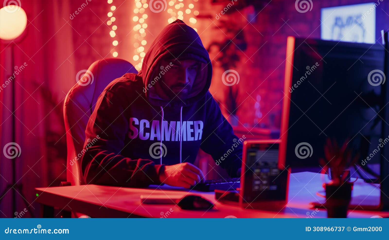 The Scammer Wears a Hoodie in Front of a Computer Generative Ai Art ...