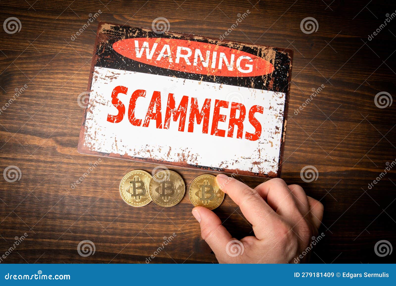 SCAMMERS. Warning Sign and Bitcoin Coins on Wooden Texture Table Stock ...