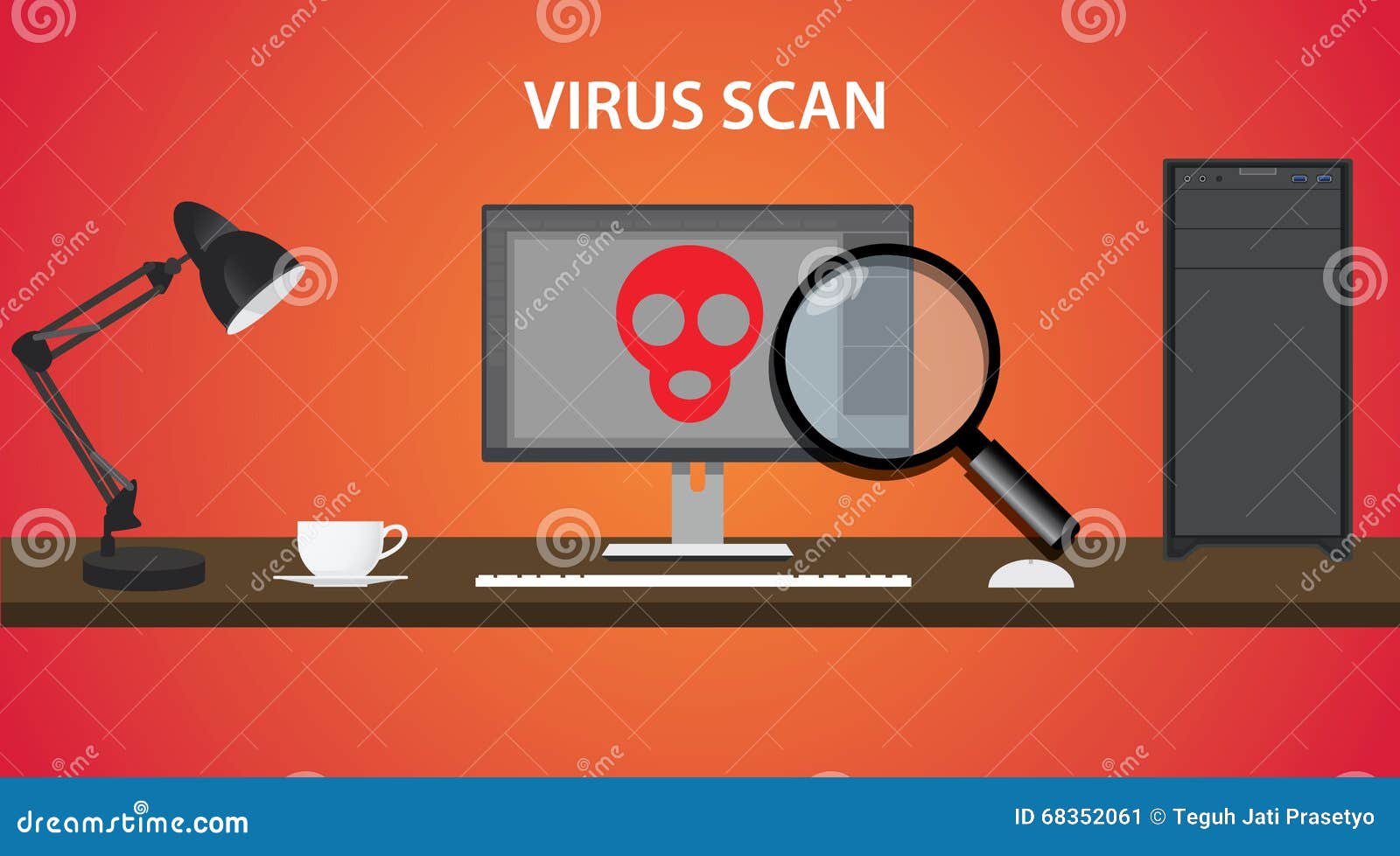 Scan Computer Virus With Red Skull And Pc Cartoon Vector ...
