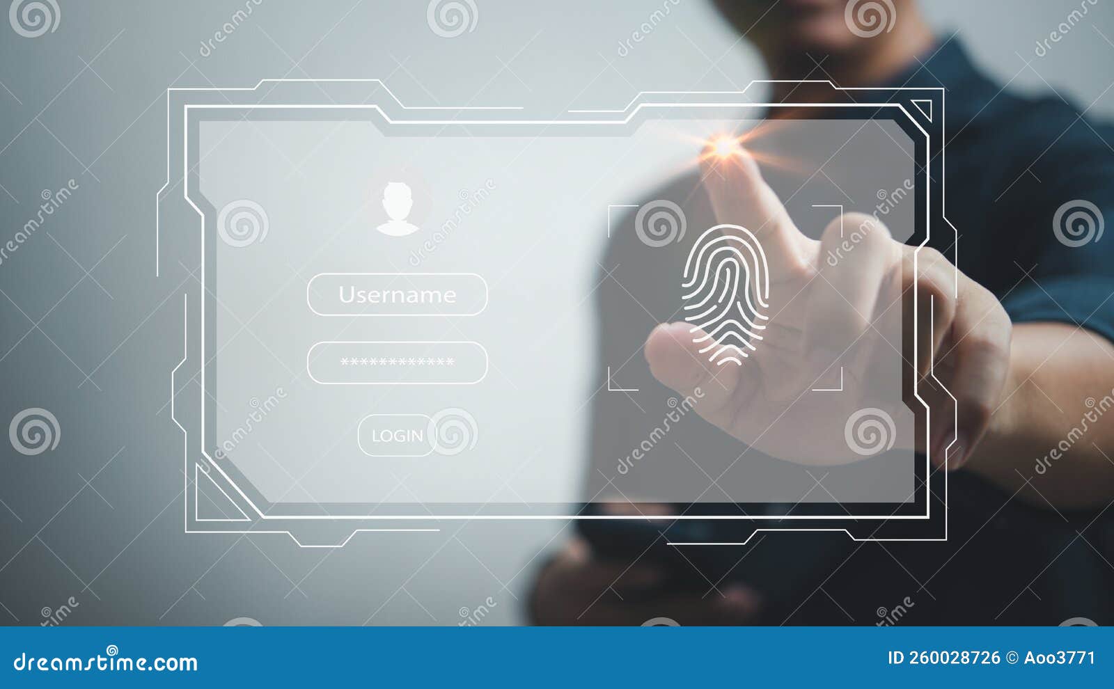 Scan Fingerprint Into Computer System With Login And Password Man Touching Virtual Screen Stock