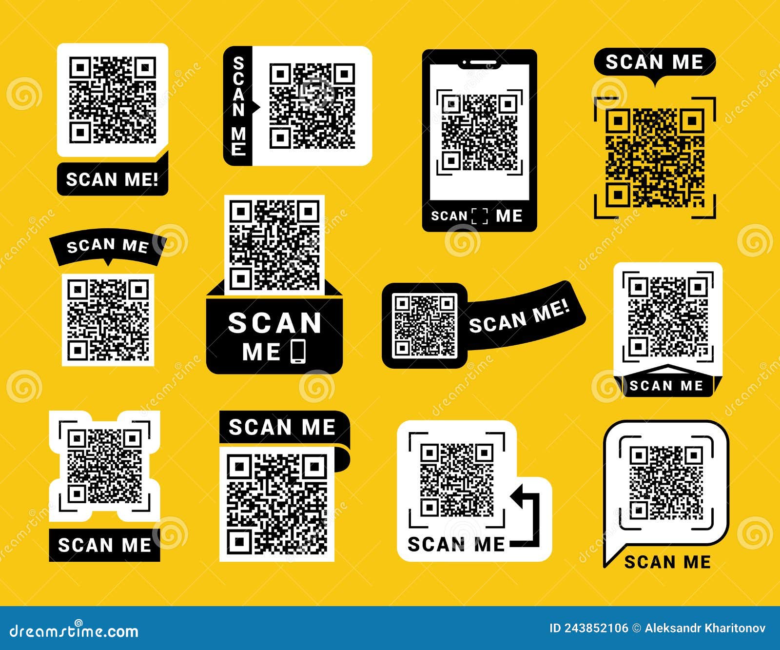 Scan Me Sign Collection Vector Flat QR Codes Template Binary Identity ...