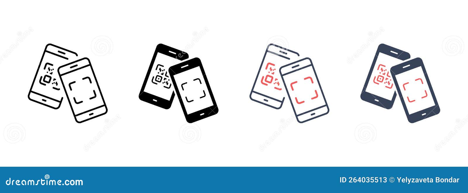 Scan QR Code on Smartphone Line and Silhouette Icon Set. Payment ...