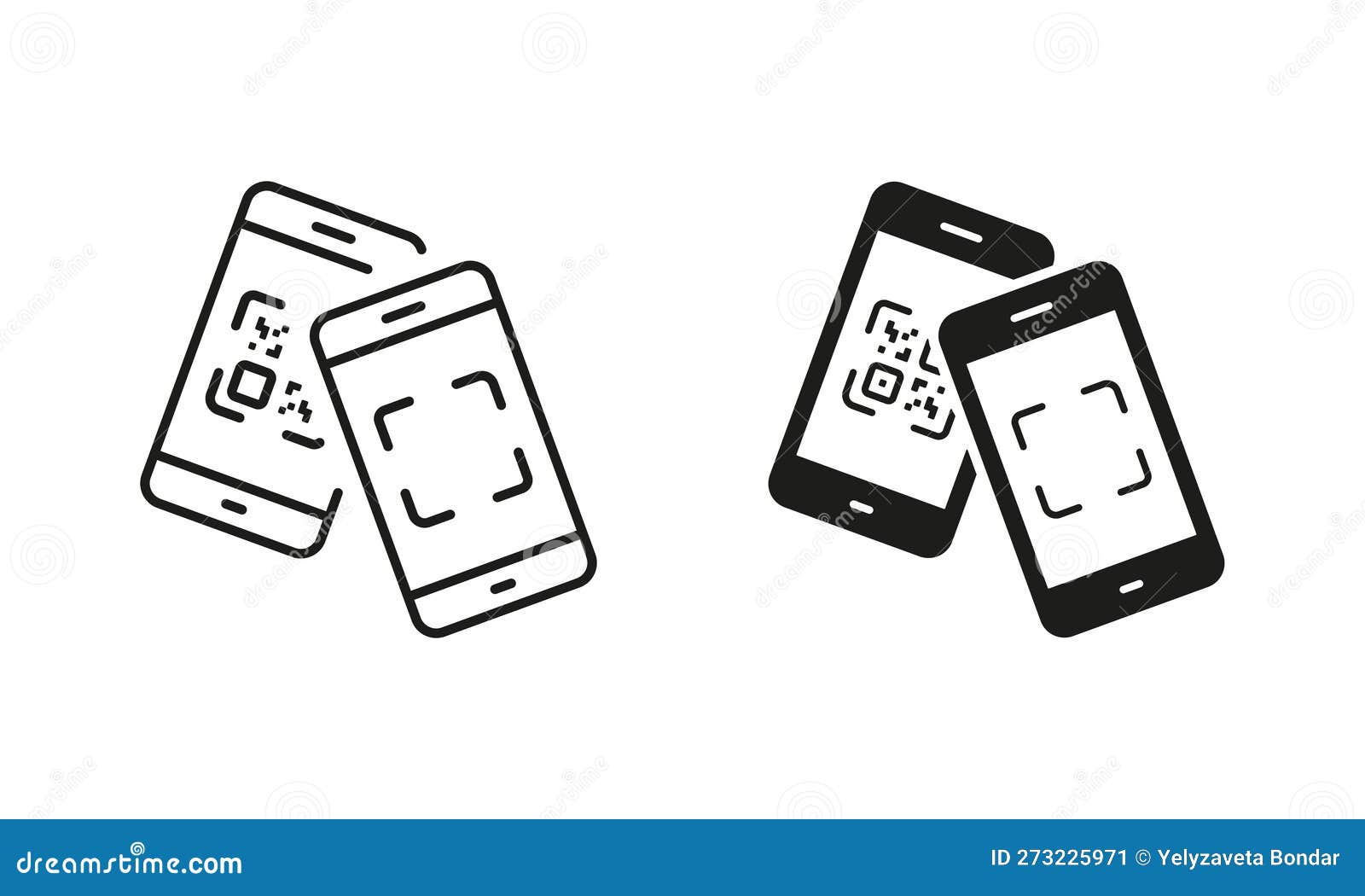 Scan QR Code on Smartphone Line and Silhouette Icon Set. Payment ...