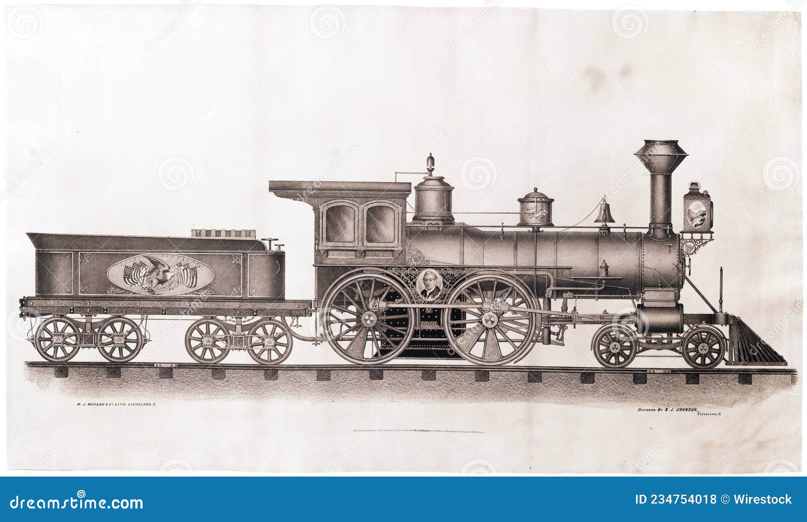 Scan of a 19th-century Vintage Train on a Railroad from a Workbook ...