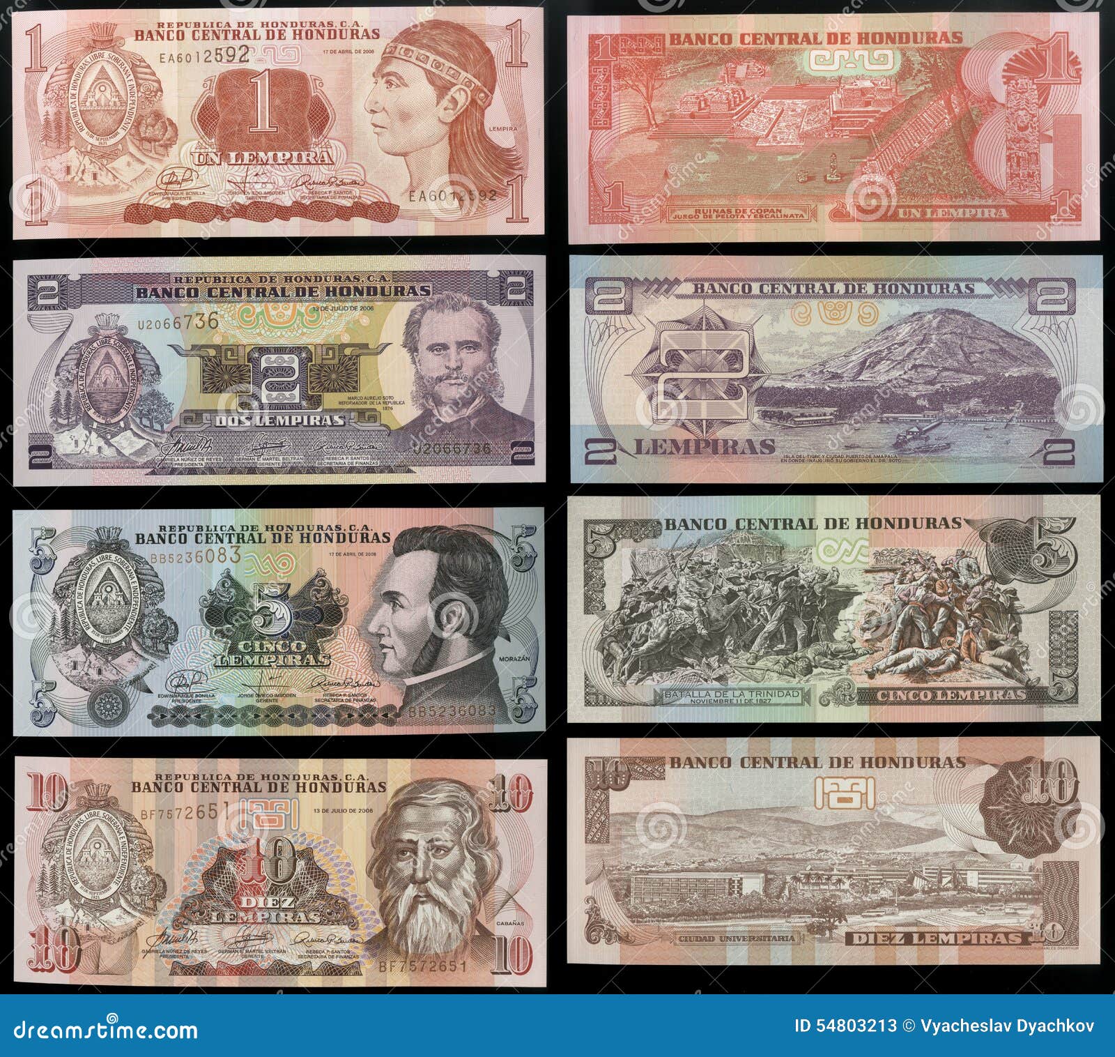 Scanarray Vier Banknoten Lempira 1, 2, 5 Und 10 Stockbild - Bild von ...