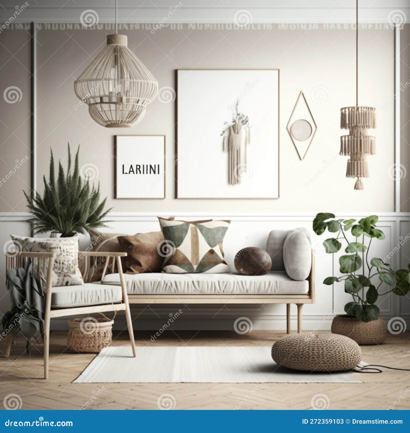Scandi Boho Living Room Interior Wall Mockup 3d Render Ai Generative ...