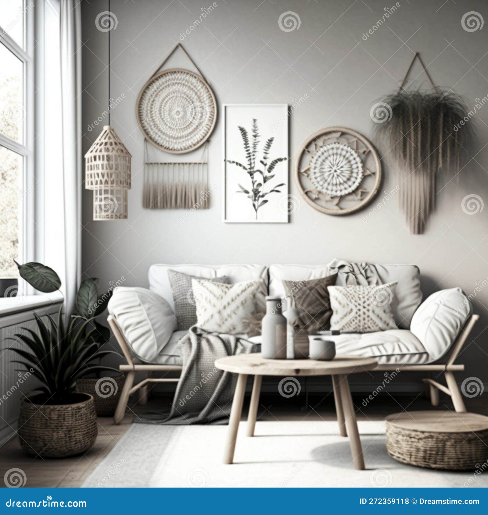 Scandi Boho Living Room Interior Wall Mockup 3d Render Ai Generative ...