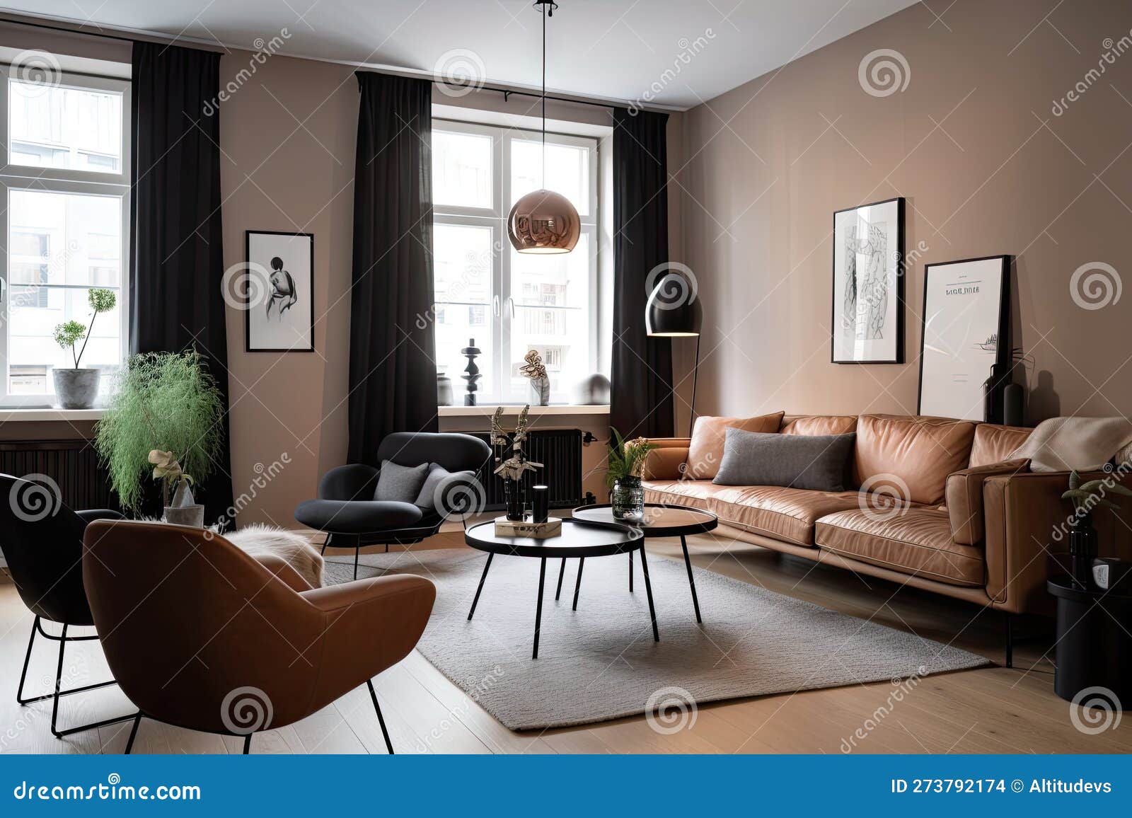 Scandi Room, with Sleek Leather Sofas and Contemporary Lighting Stock ...