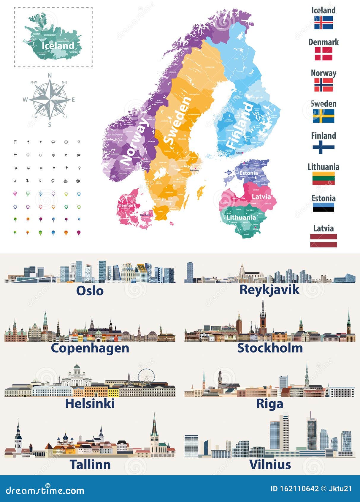 Vector Scandinavian and Baltic Countries Map with Flags and Cities ...