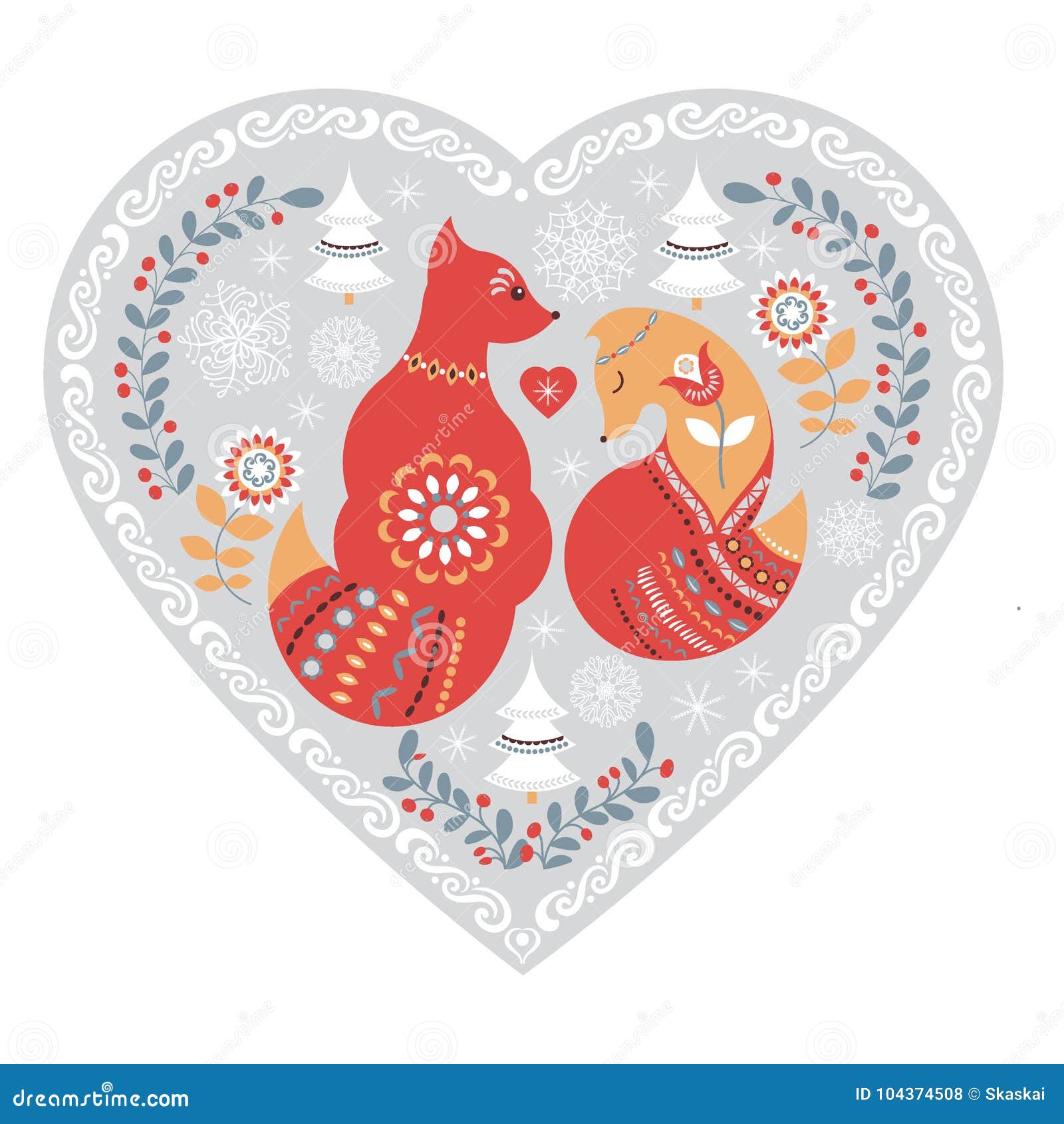 Scandinavian Cute Folk Pattern with Fox and Flowers. Stock Vector ...