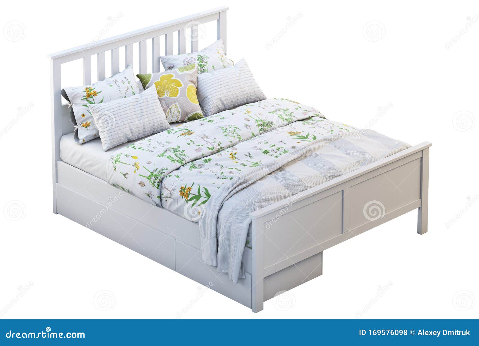 Scandinavian Double Bed with Pattern Linen and Storage Box. 3d Render ...