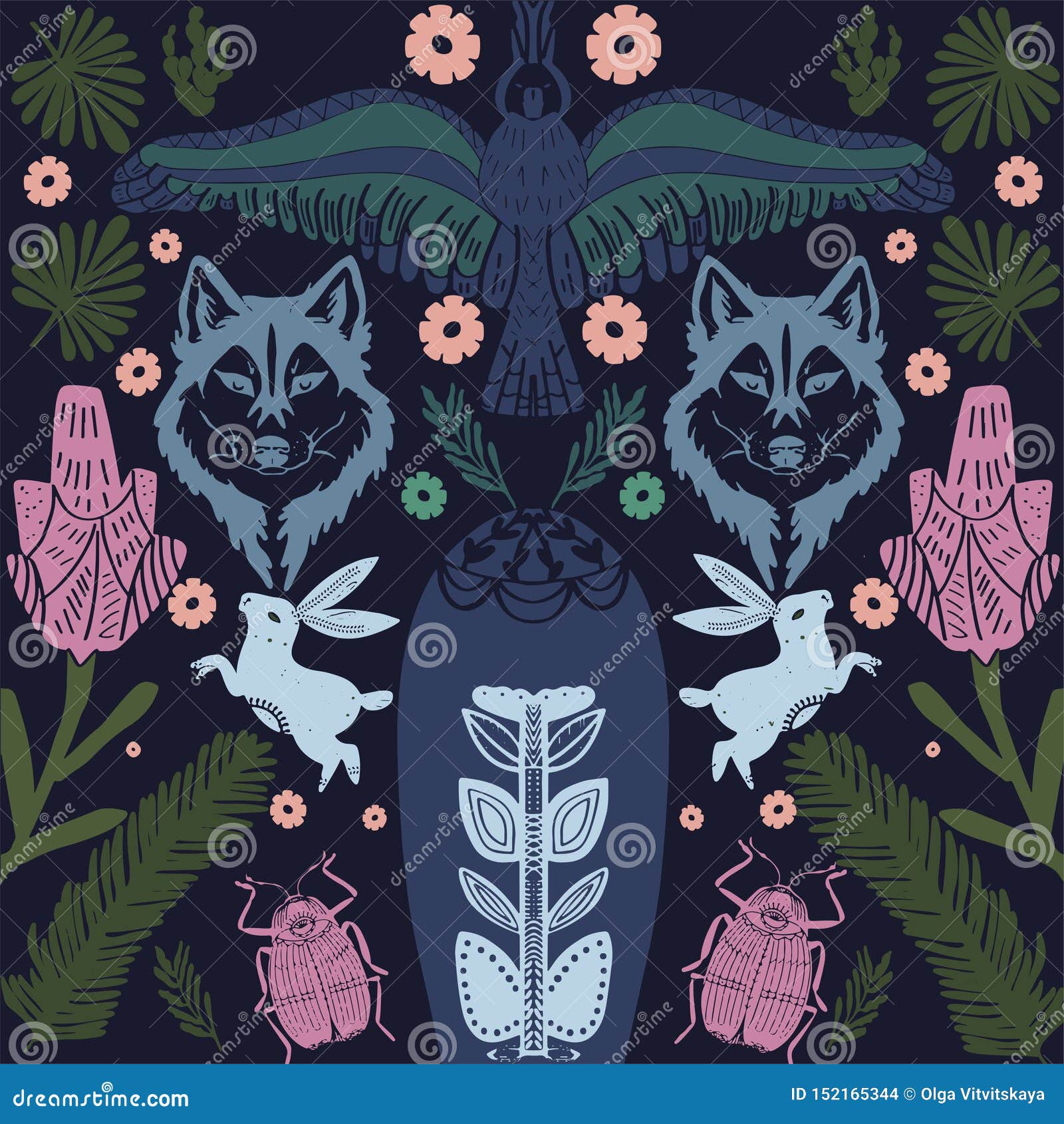 Folk Art Pattern in Scandinavian Style.Floral, Birds, Leaves Vector ... Folk Art Pattern in Scandinavian Style.Floral, Birds, Leaves Vector ...