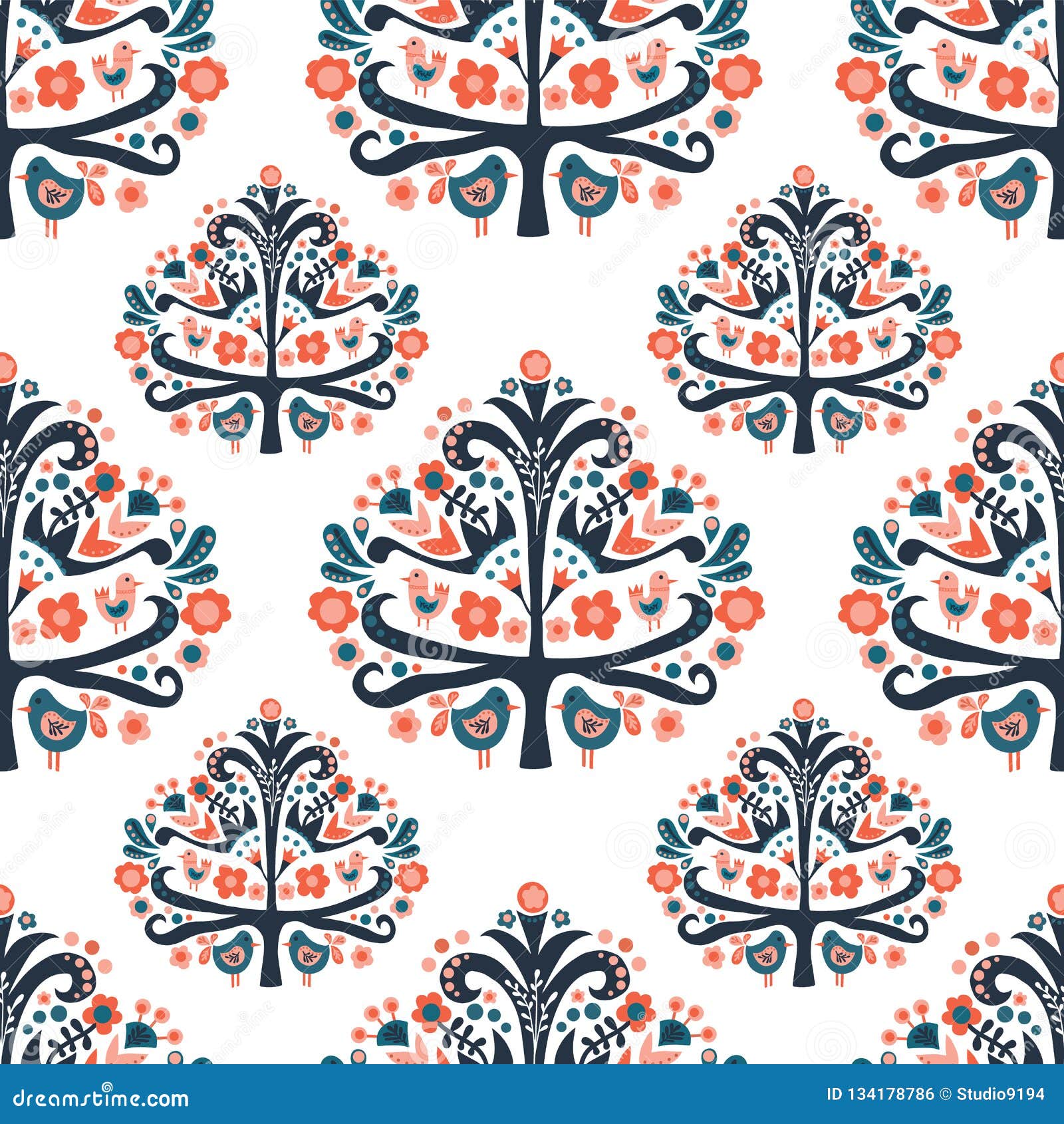 Scandinavian Folk Art Tree Seamless Pattern Vector Stock Vector ...