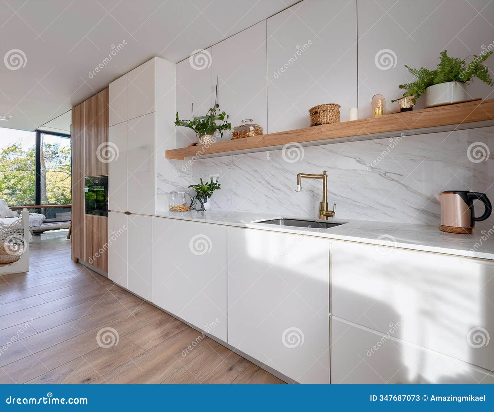 Scandinavian-inspired Kitchen with Open Shelving and White Island Stock ...