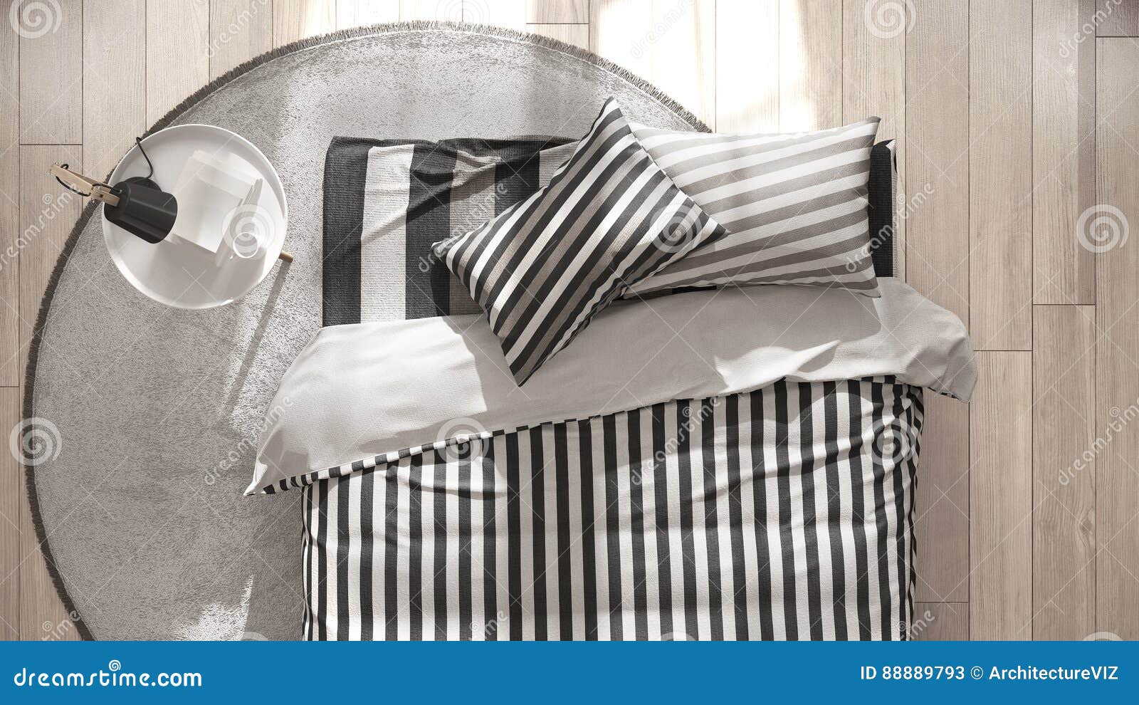 Scandinavian Minimalist Bedroom, Bed with Side Table Top View, C Stock ...