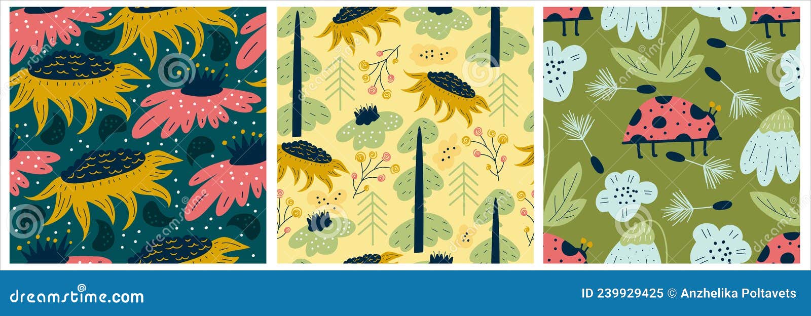 Scandinavian Set of Spring Patterns with Sunflowers, Ladybugs and Tree ...
