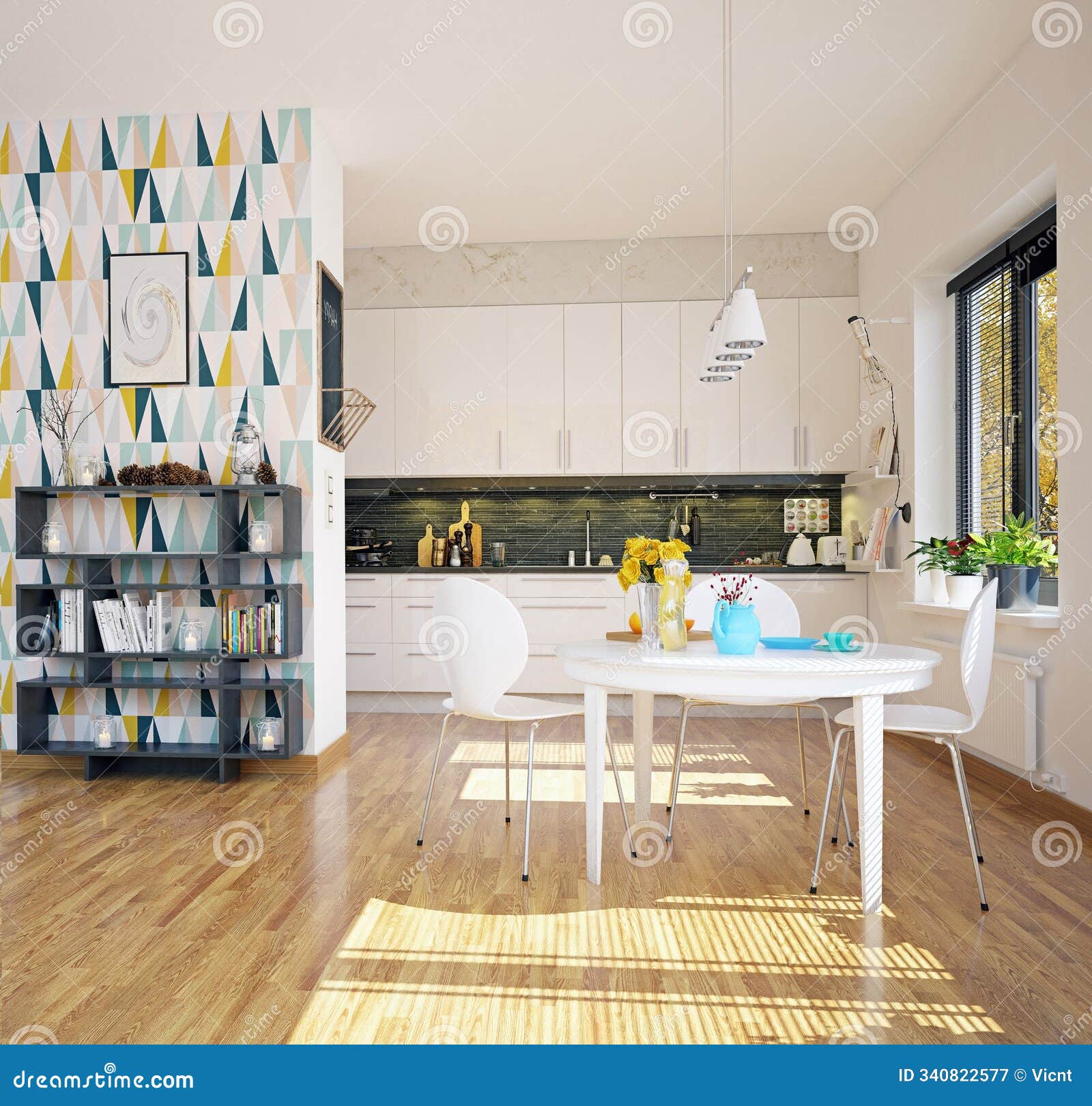 Scandinavian Style Kitchen Design Stock Illustration - Illustration of ...