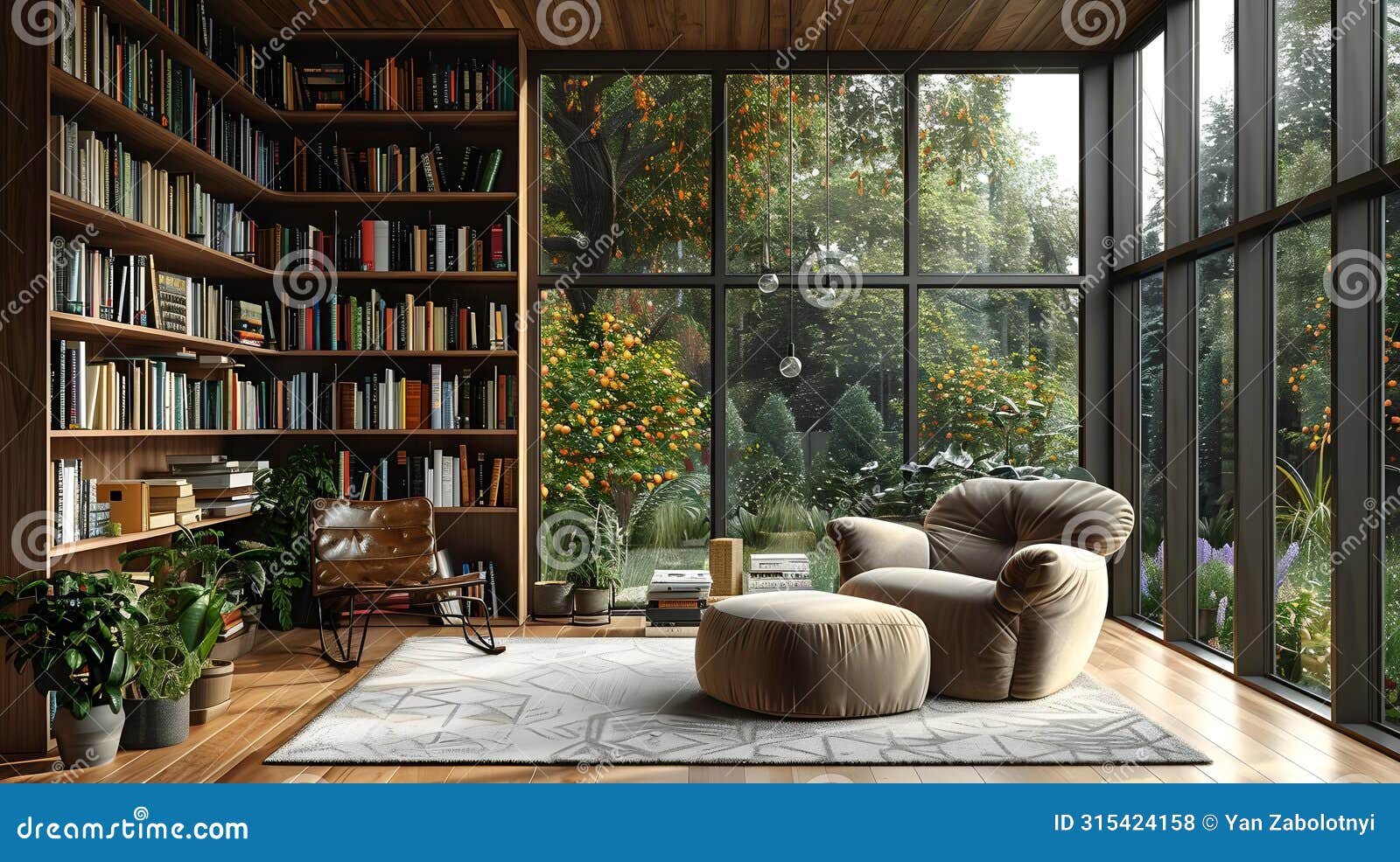 Scandinavian-Style Serene Home Library With Nature View. Concept Home ...