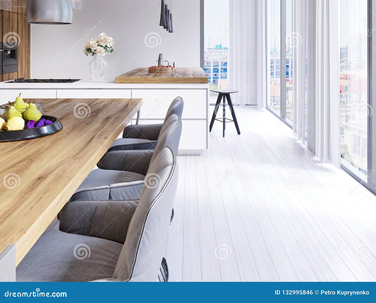 Scandinavian Styled Dining Room and Open Plan Kitchen with City Outlook ...