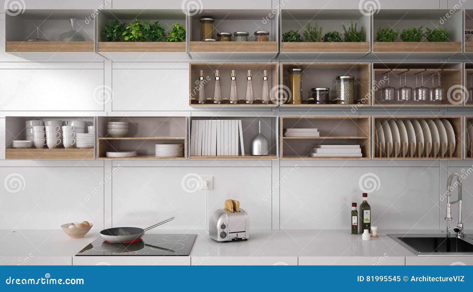 Scandinavian White Kitchen, Shelving System, Minimalistic Stock Image ...