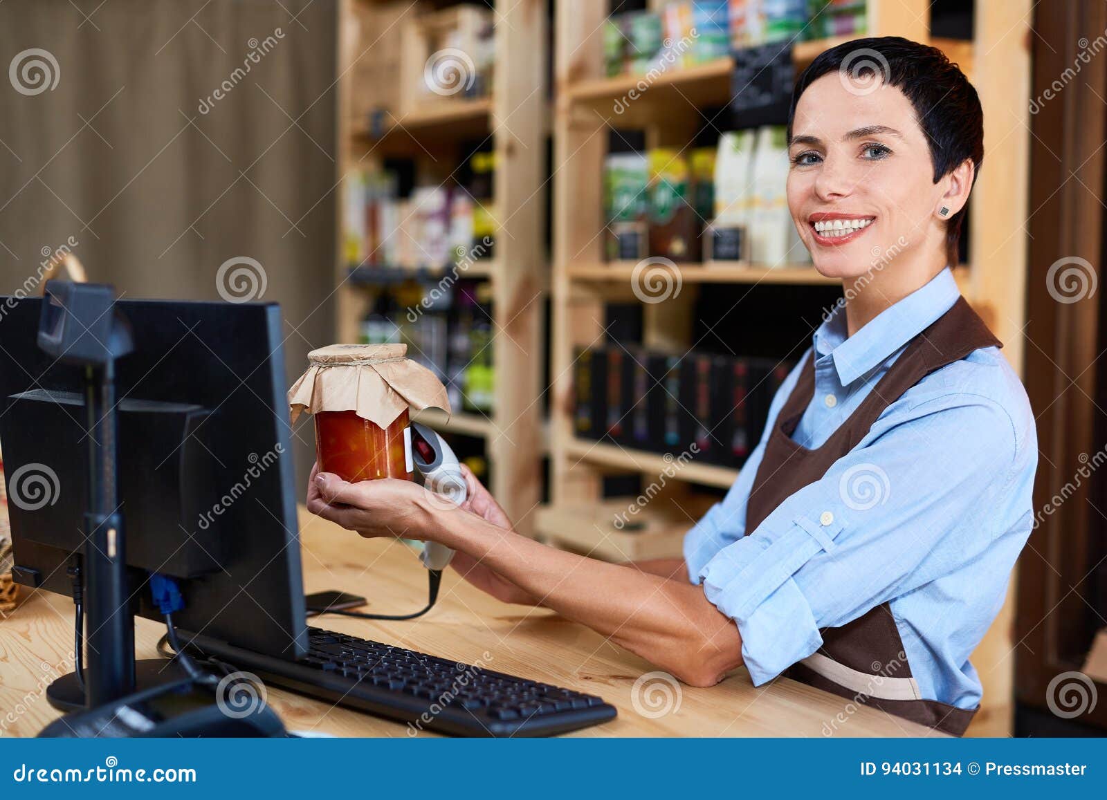 Scanning Barcode of Peach Jam Stock Photo - Image of counter ...