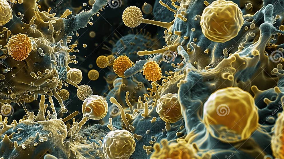 Scanning Electron Micrograph of Natural Killer Cells Engaging with Pathogens in the Stream Stock ...