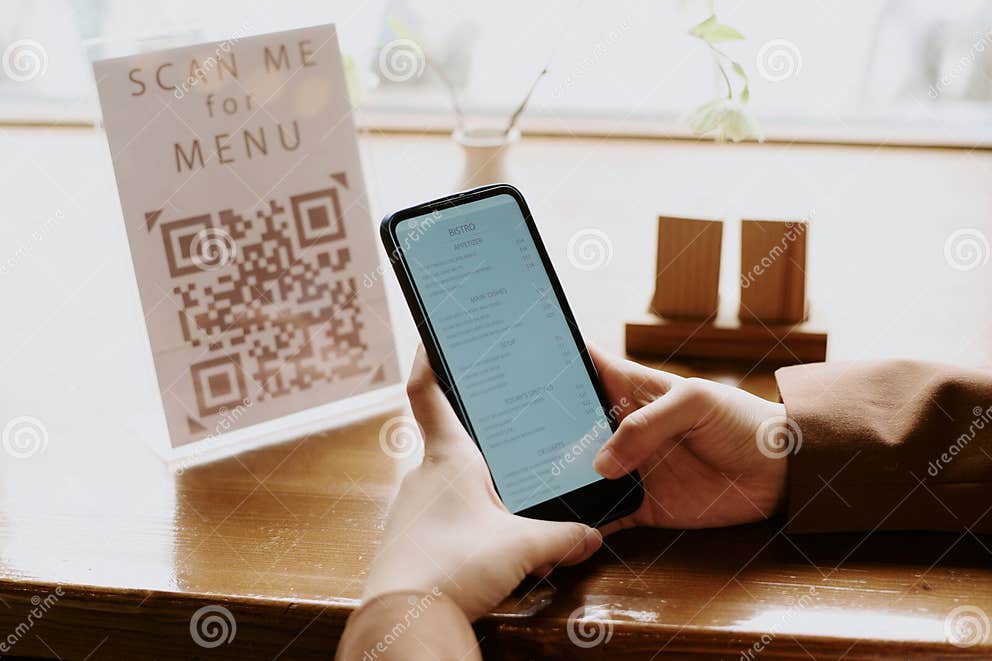 Scanning Menu QR Code in Restaurant with Smartphone Stock Photo - Image ...